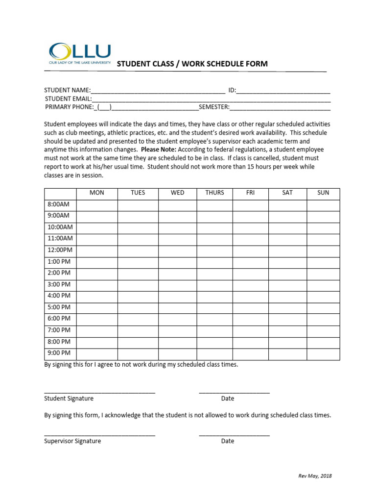 Student Class - Work Schedule Form Revised 2024 Fillable | PDF