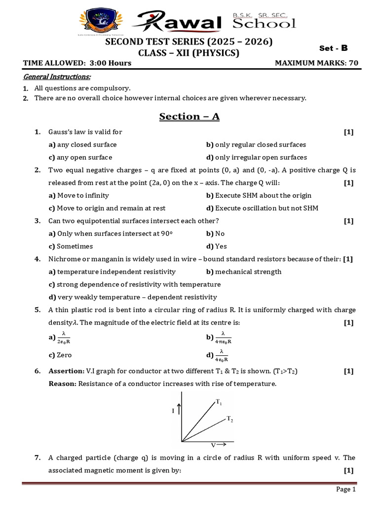 XII - Physics TS-02 - Set - B | PDF | Magnetic Field | Electromagnetic ...