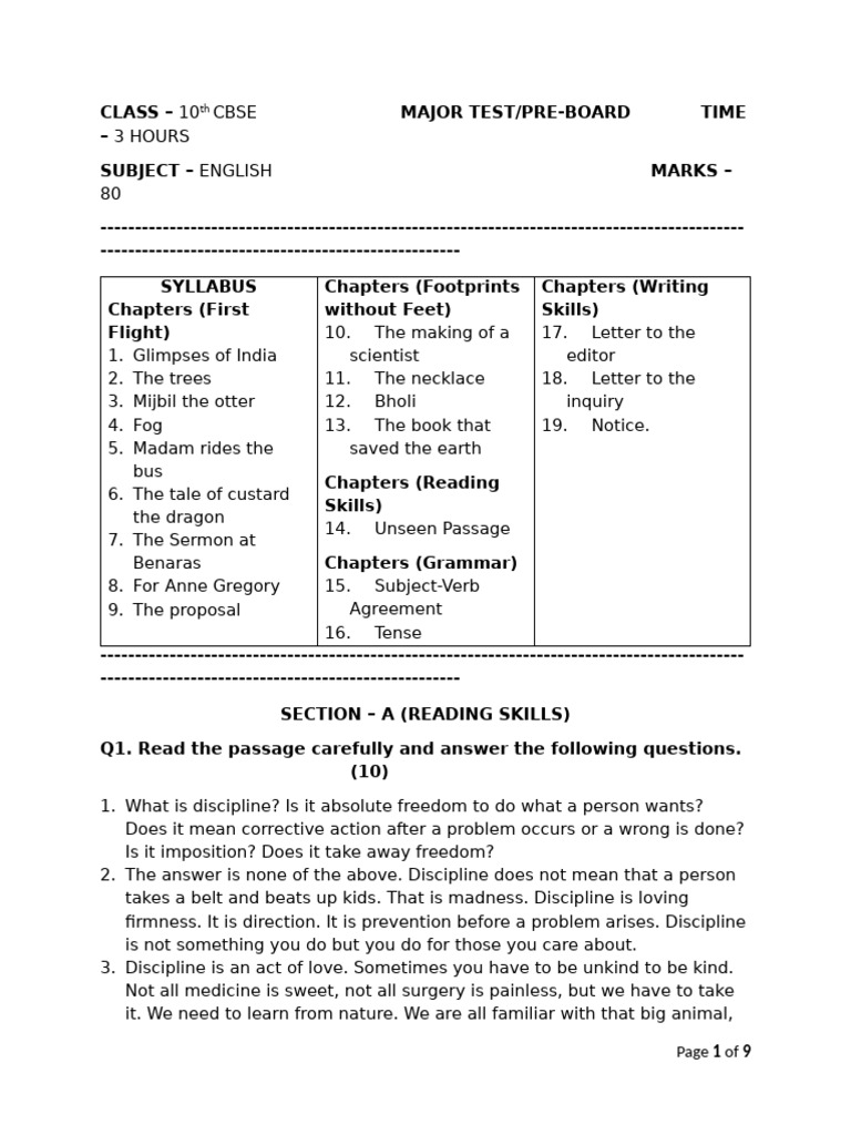 English Major Test Paper Class 10th CBSE | PDF