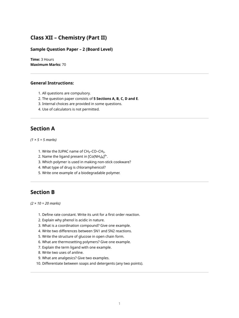 Class Xii Chemistry – Part II (Sample Paper 2) | PDF | Coordination ...