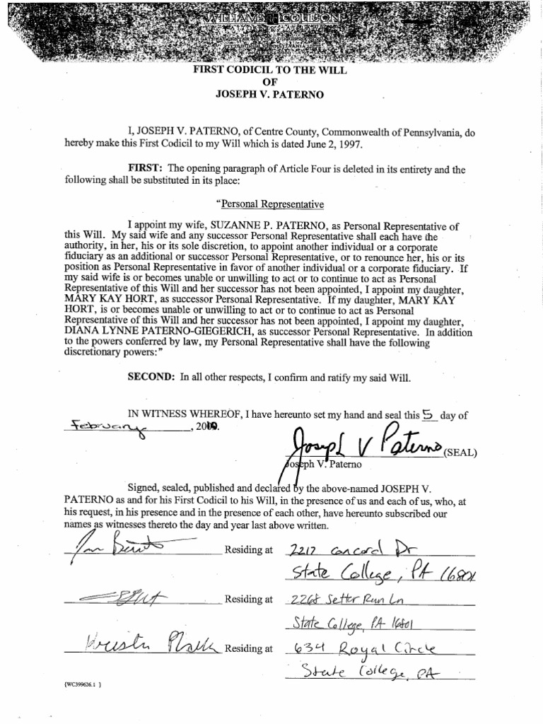 Signed First Codicil To Will of Joseph v. Paterno (With Blue Back ...