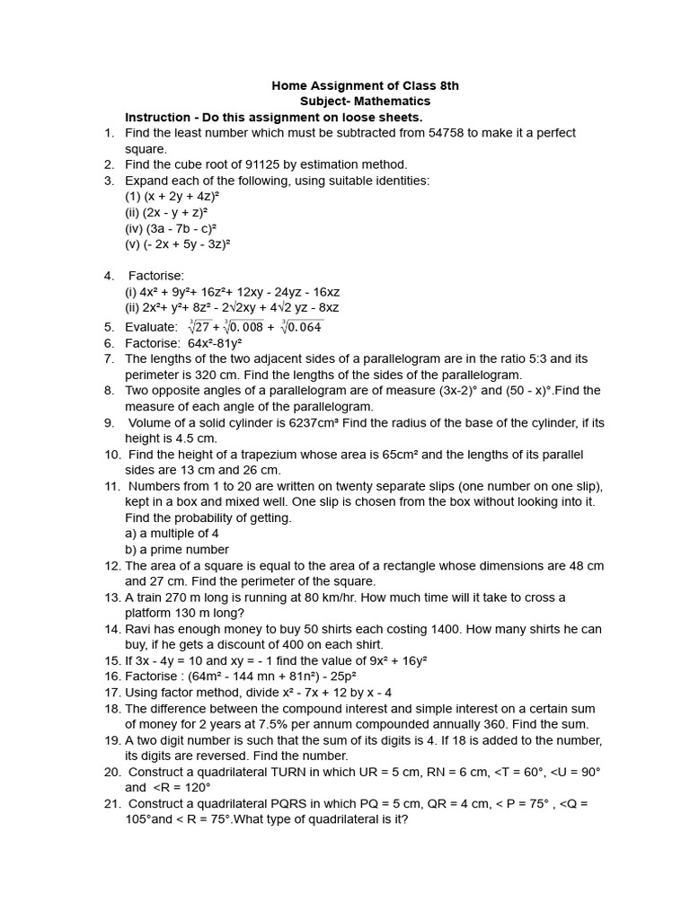 Assignment of Maths Class 8th | PDF | Area | Elementary Mathematics