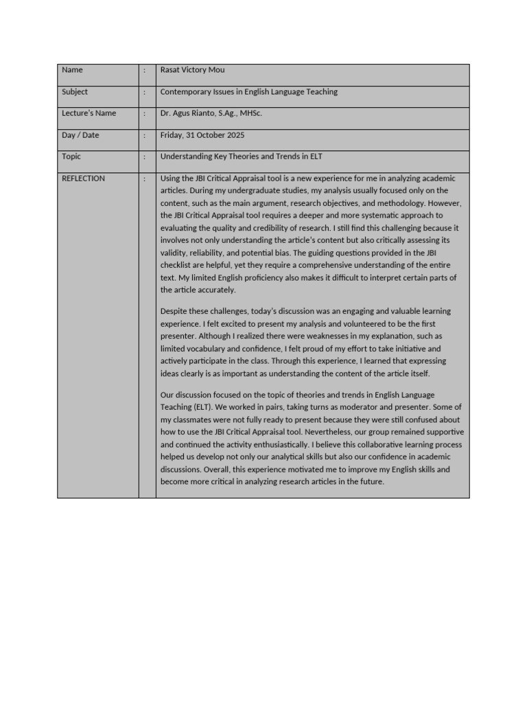 First Reflection | PDF | Experience | English As A Second Or Foreign ...