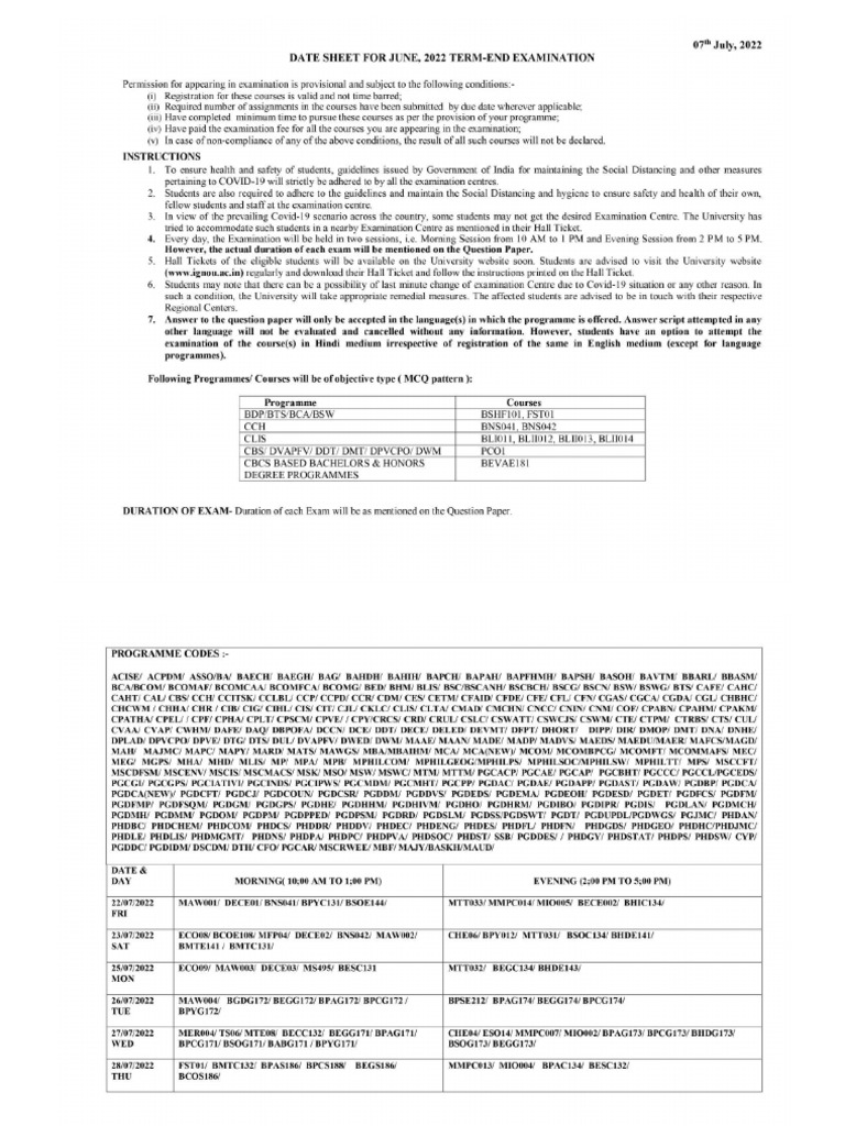IGNOU-Date-Sheet-June-2022 Updated on 7th July 2022 | PDF