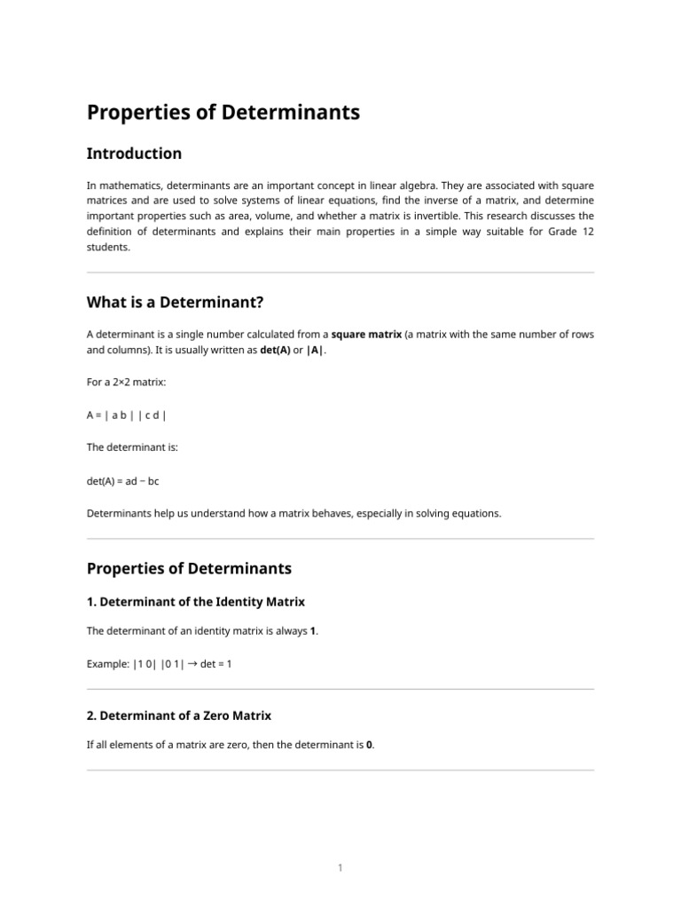 Properties of Determinants – Grade 12 Research | PDF | Determinant ...