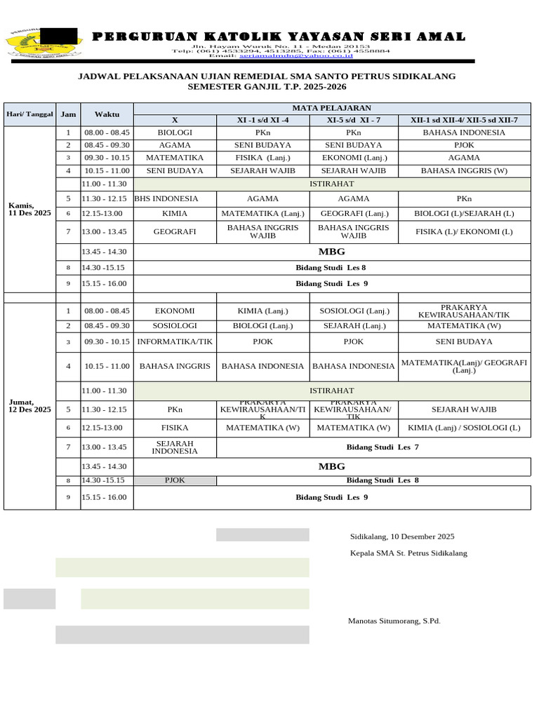 Jadwal Ujian Remedial SMA Santo Petrus | PDF