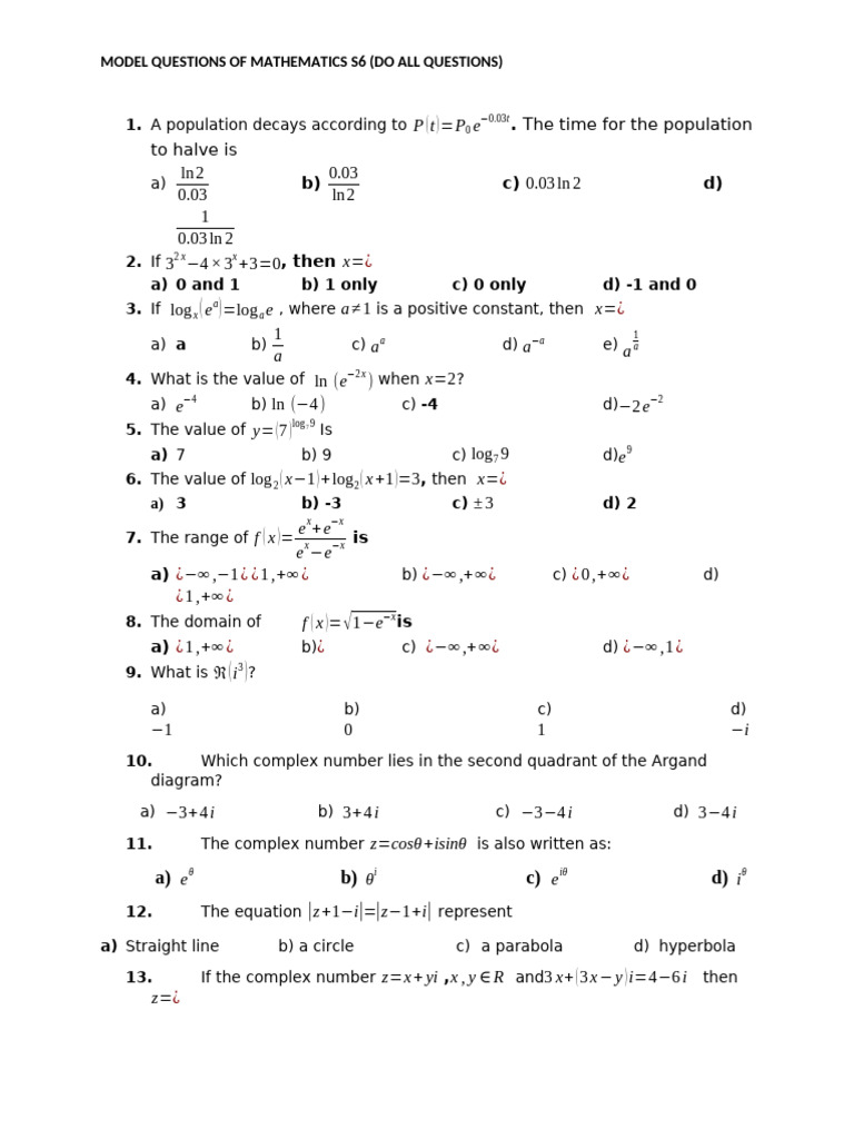 Model Questions For s6 Maths | PDF | Complex Number | Elementary ...