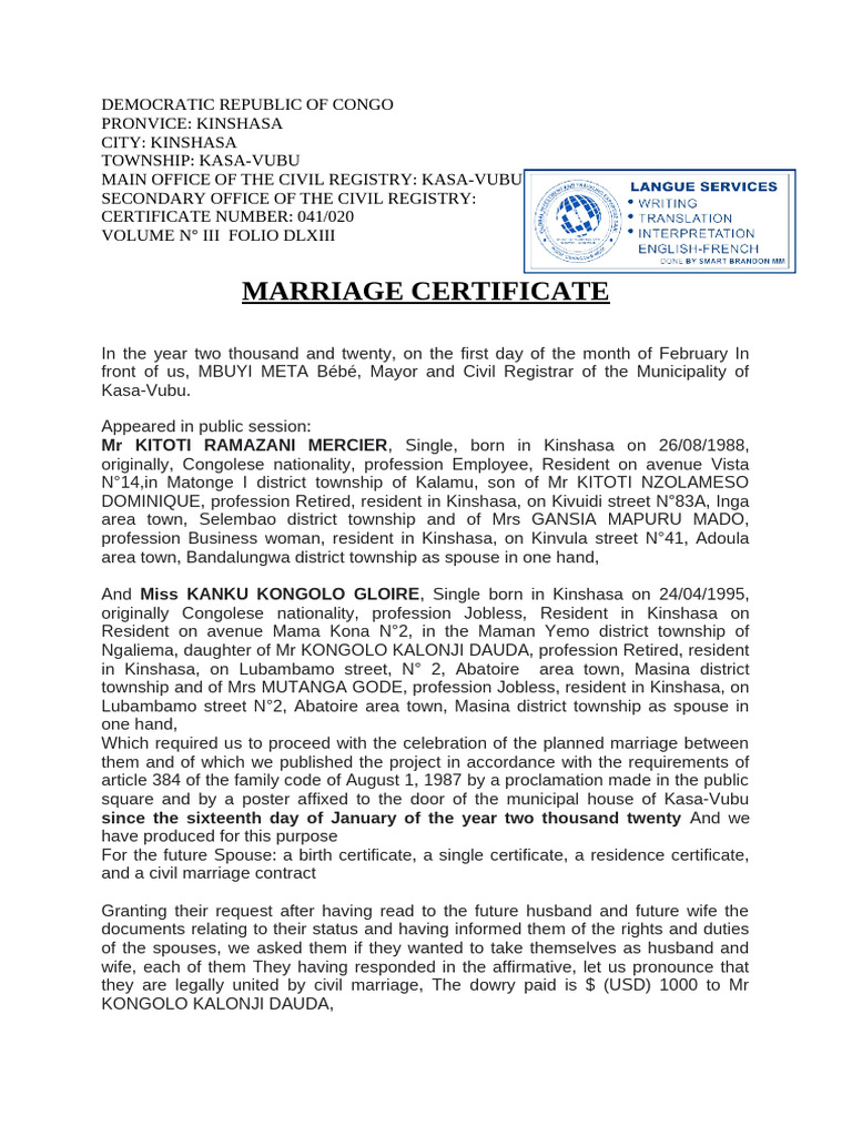 Marriage Certificate - Kasa-Vubu, Kinshasa | PDF | Social Conventions ...