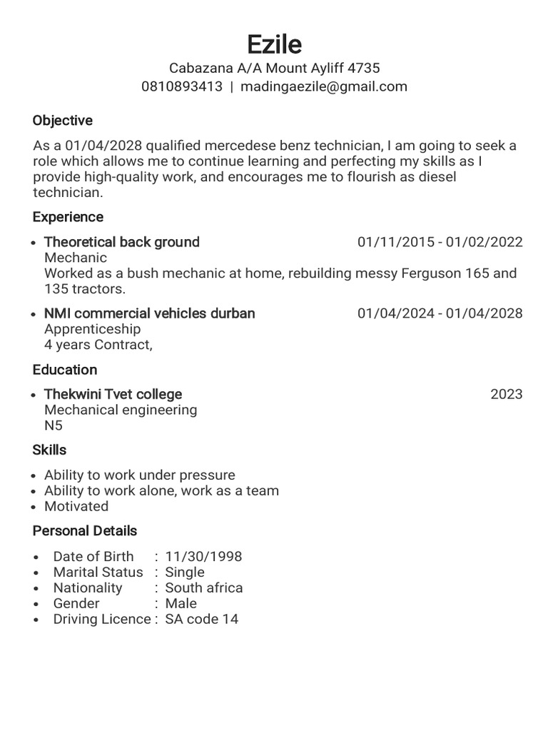 Mercedes Benz Technician Resume | PDF