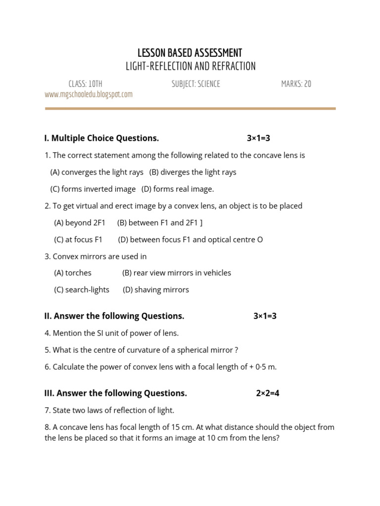 Class 10 Science: Light Reflection & Refraction | PDF