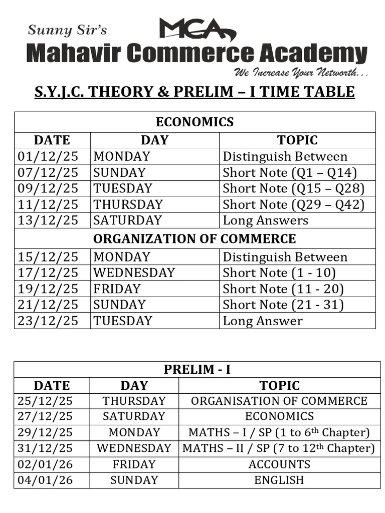 S.Y.J.C. Theory & Prelim I Timetable | PDF