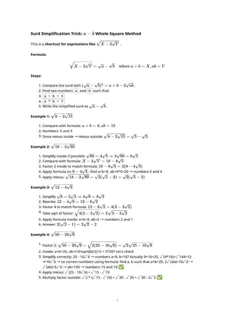 Surd Simplification Using Whole Square Method | PDF