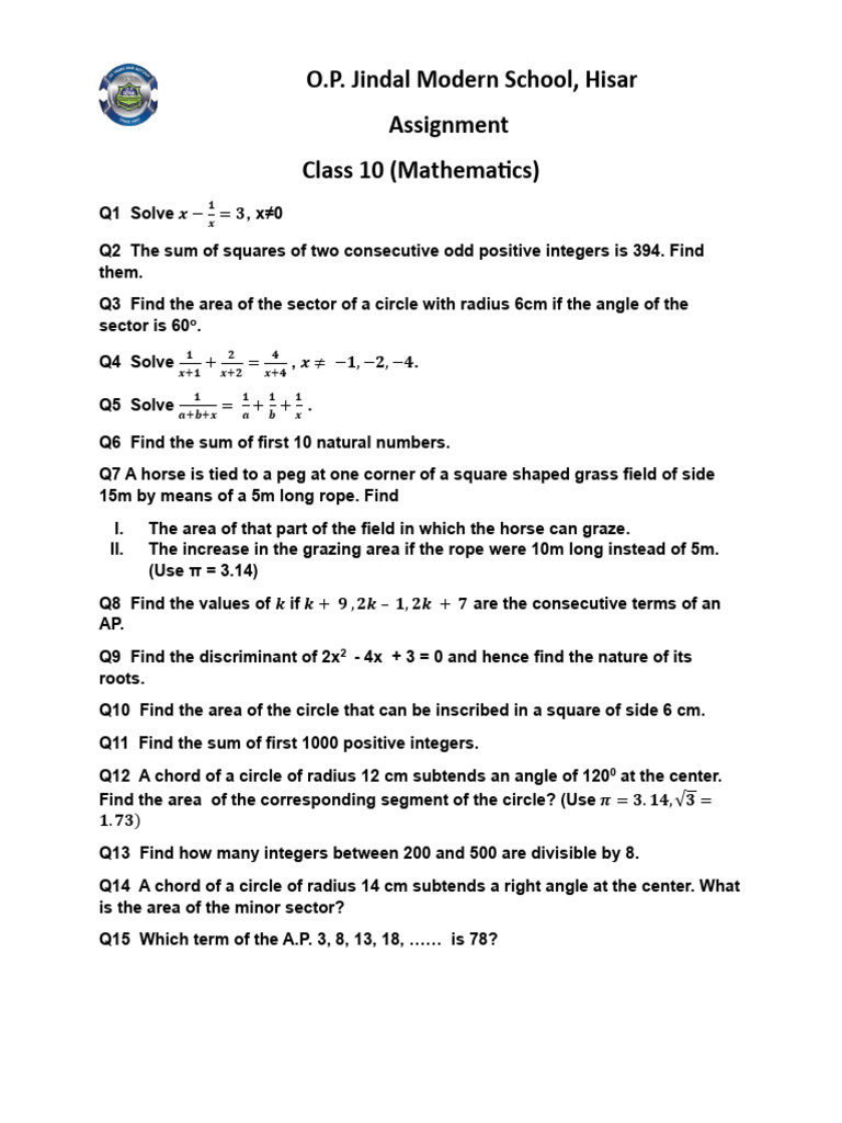Maths Assignment Class 10 | PDF