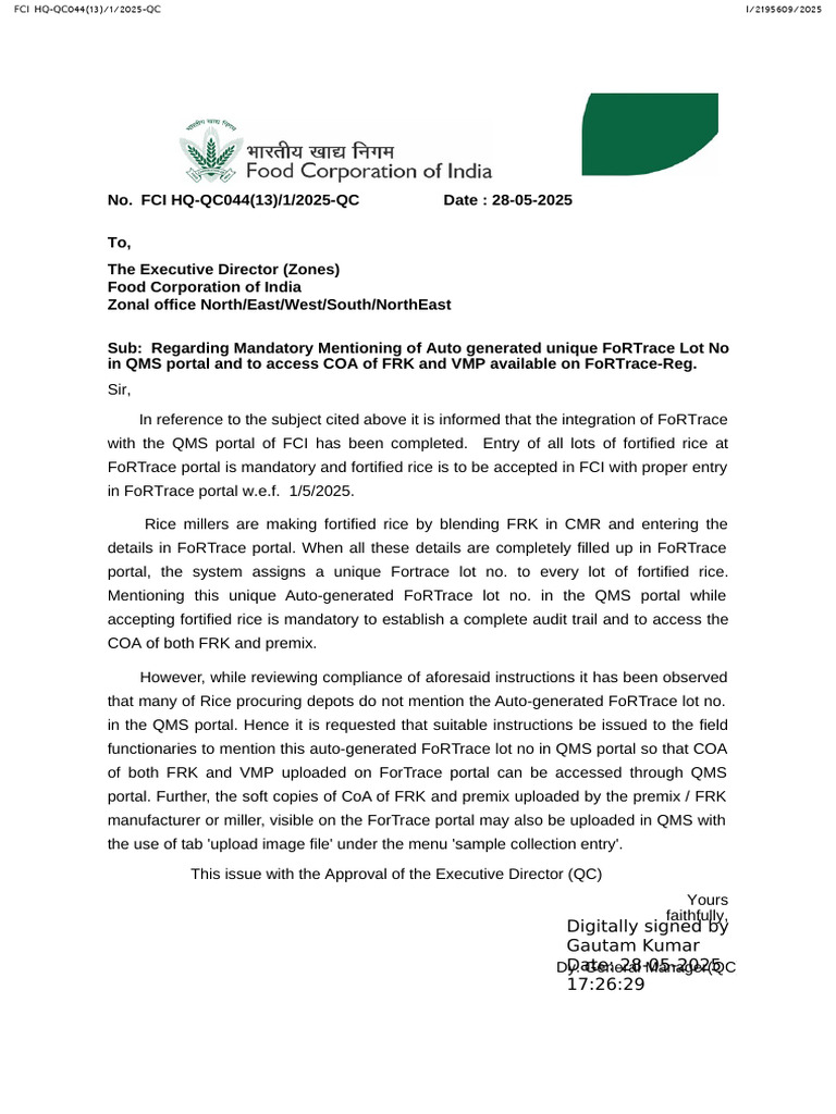 Mentioning of Auto Generated Unique FoRTrace Lot No in QMS Portal_28.05 ...