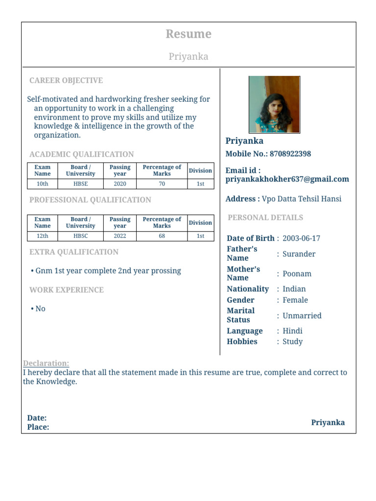 Priyanka's Resume: Fresher Profile | PDF