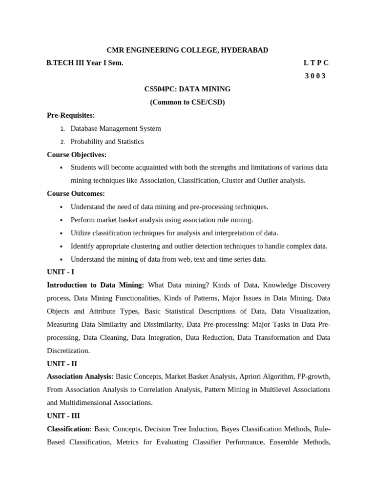 DATA MINING SYLLABUS | PDF | Cluster Analysis | Data Mining