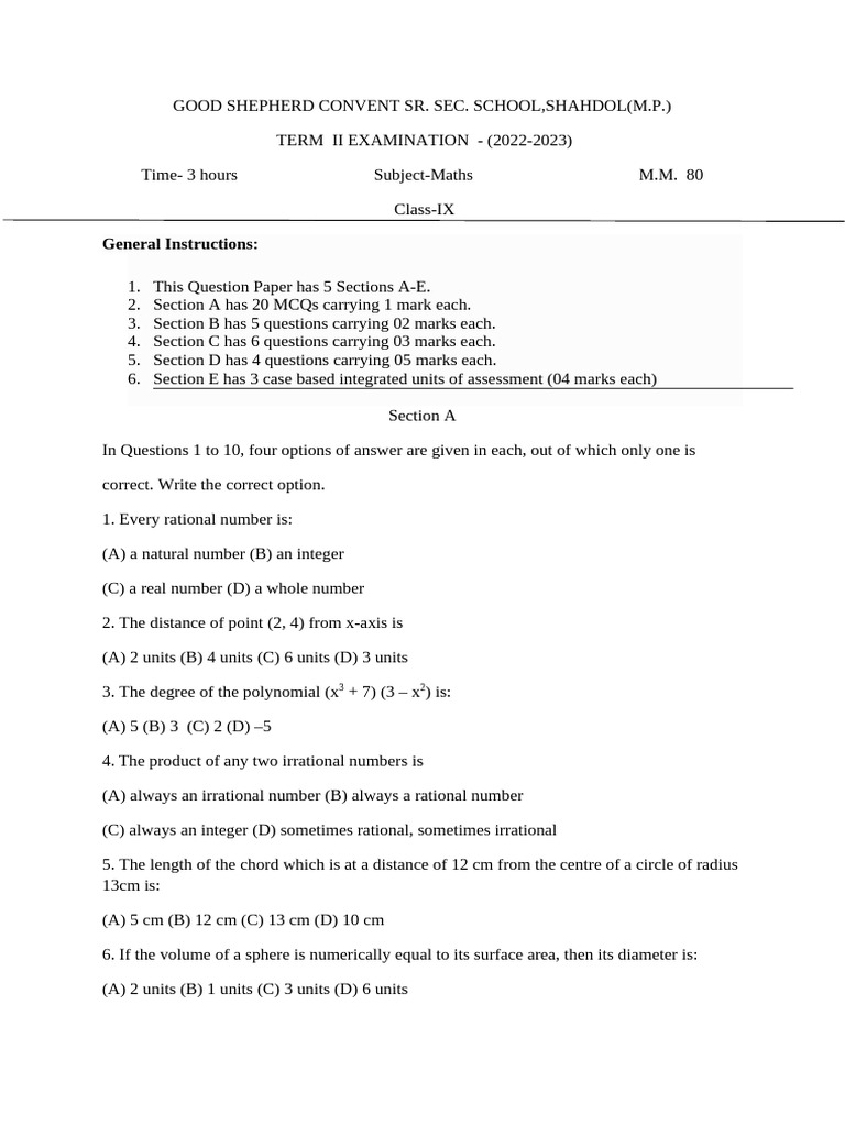 Class IX Maths Term II Exam Paper | PDF | Triangle | Numbers