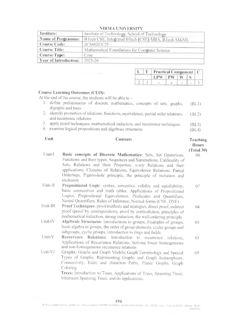 2CS802CC25 Mathematical Foundations for Computer Science | PDF