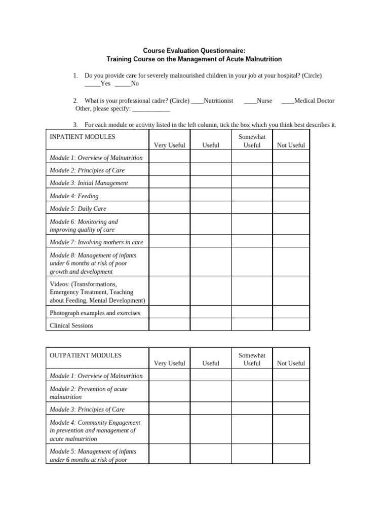 Course Evaluation Questionnaire | PDF | Malnutrition | Health Care