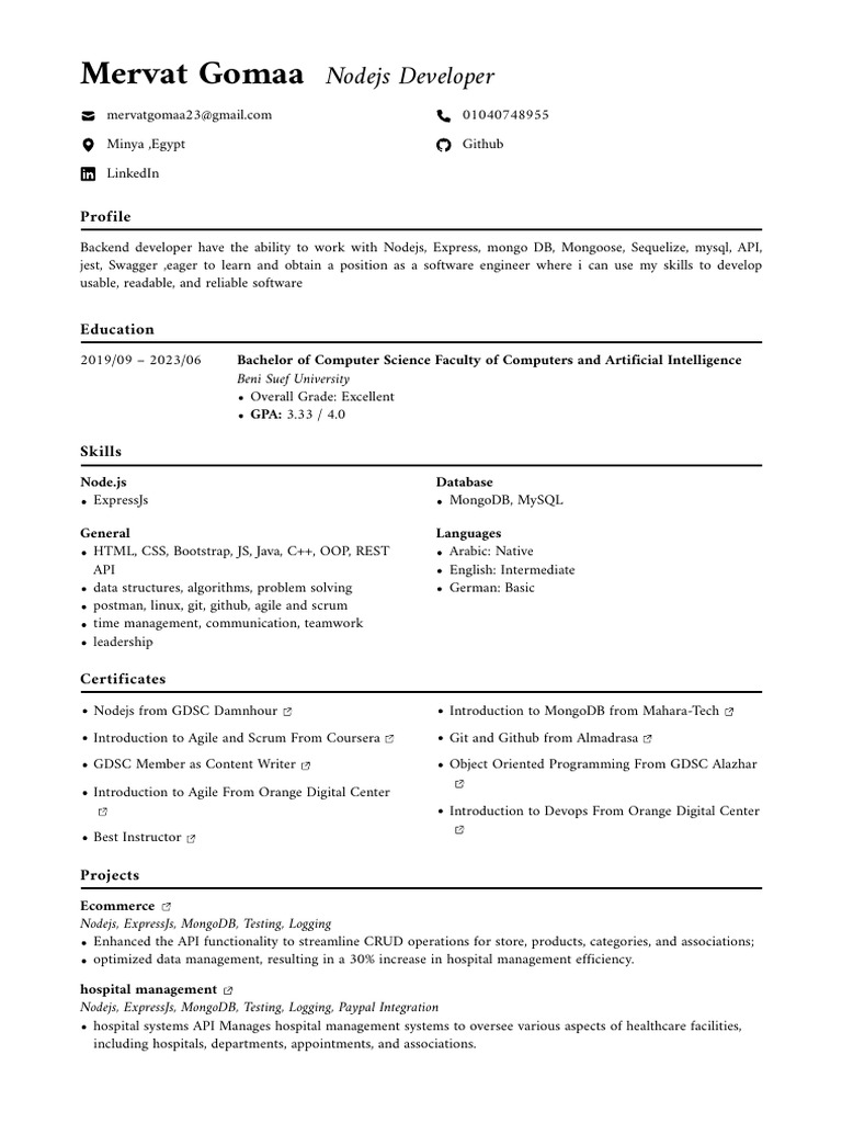 Node.js Developer Profile - Mervat Gomaa | PDF | Computing | Software ...