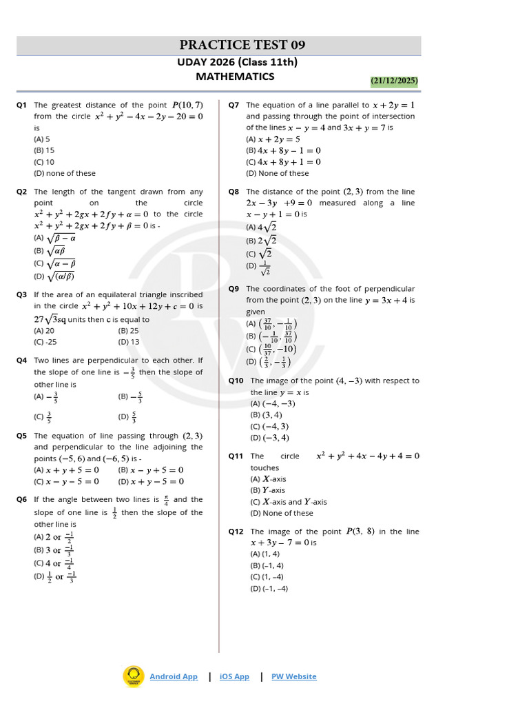 Practice Test 09 - Test Paper (Mathematics) | PDF | Perpendicular | Ellipse