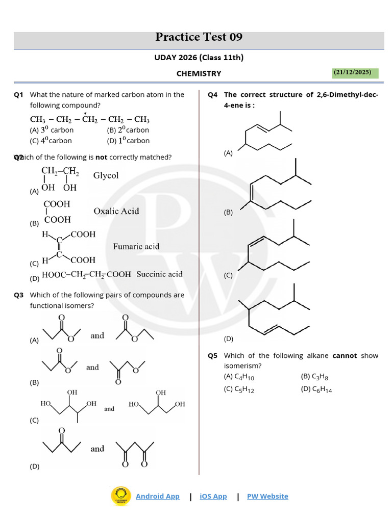 Practice Test 09 - Test Paper (Chemistry) | PDF | Isomer | Organic ...