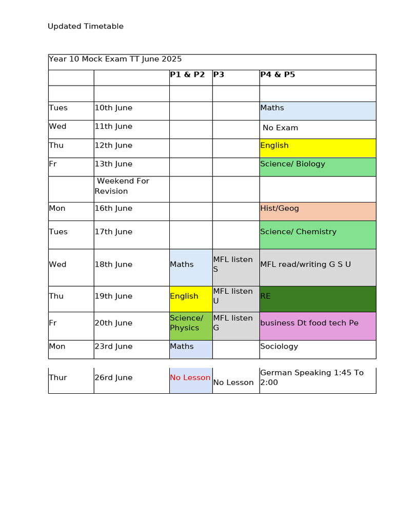 Updated Year10 Mocks TimeTable | PDF