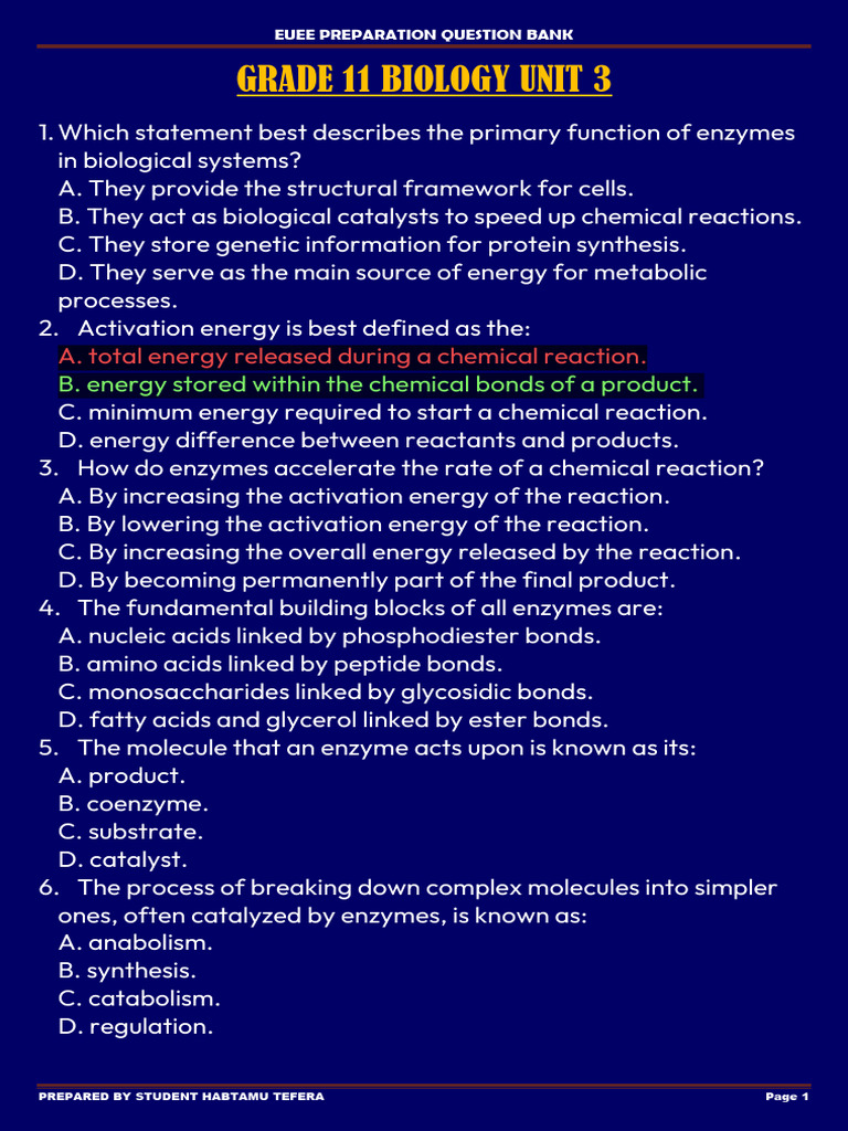 GRADE 11 BIOLOGY UNIT 3 | PDF | Enzyme | Active Site