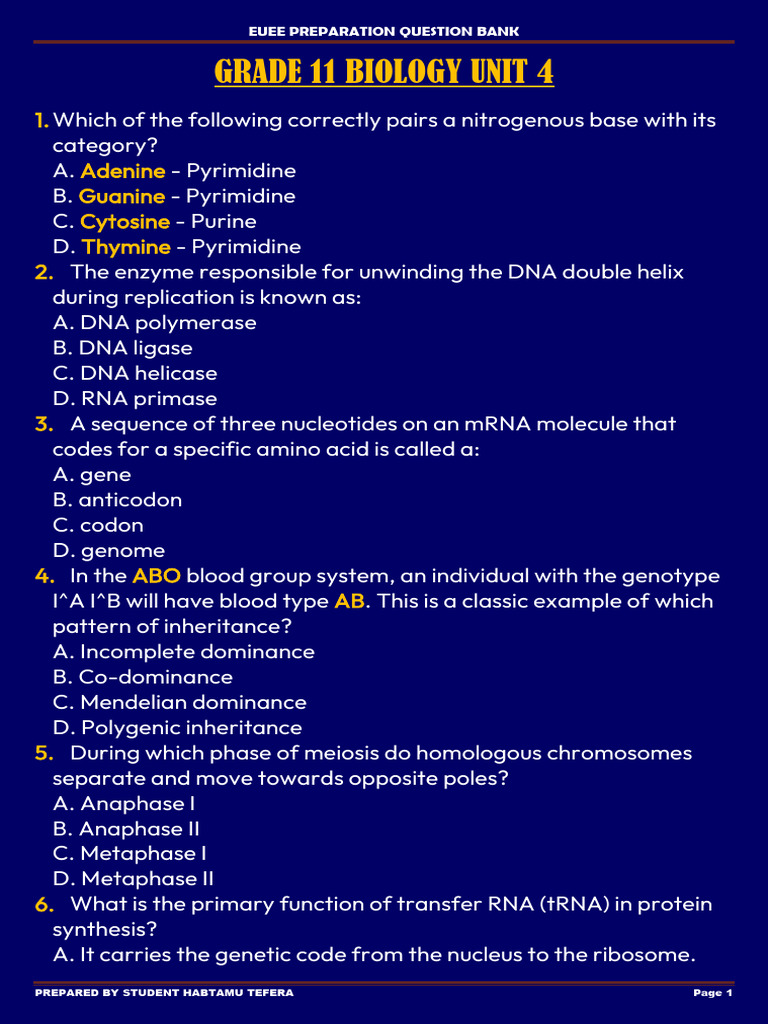 Grade 11 Biology EUEE Question Bank | PDF | Genetics | Dominance (Genetics)
