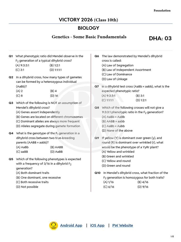 Mendel's Dihybrid Cross Quiz and Answers | PDF | Dominance (Genetics ...