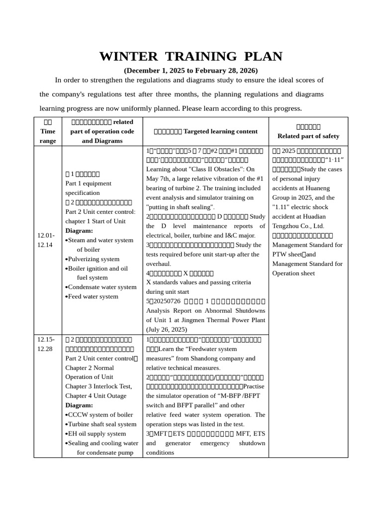 Winter Training Plan for Power Plant Operations | PDF | First Aid | Boiler