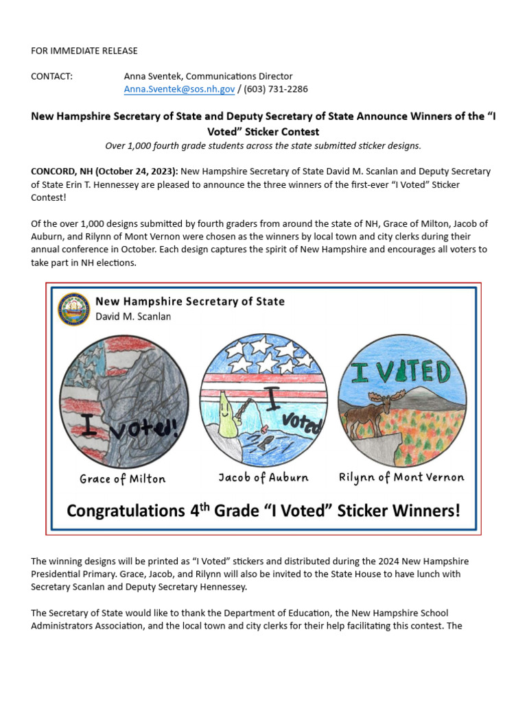 10 24 Secretary of State Announces Sticker Winners Remediated | PDF