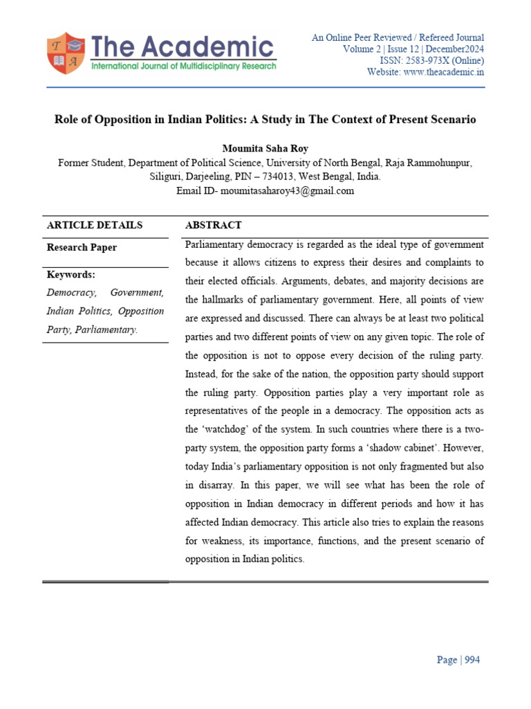 Role of Opposition in Indian Politics | PDF | Indian National Congress ...