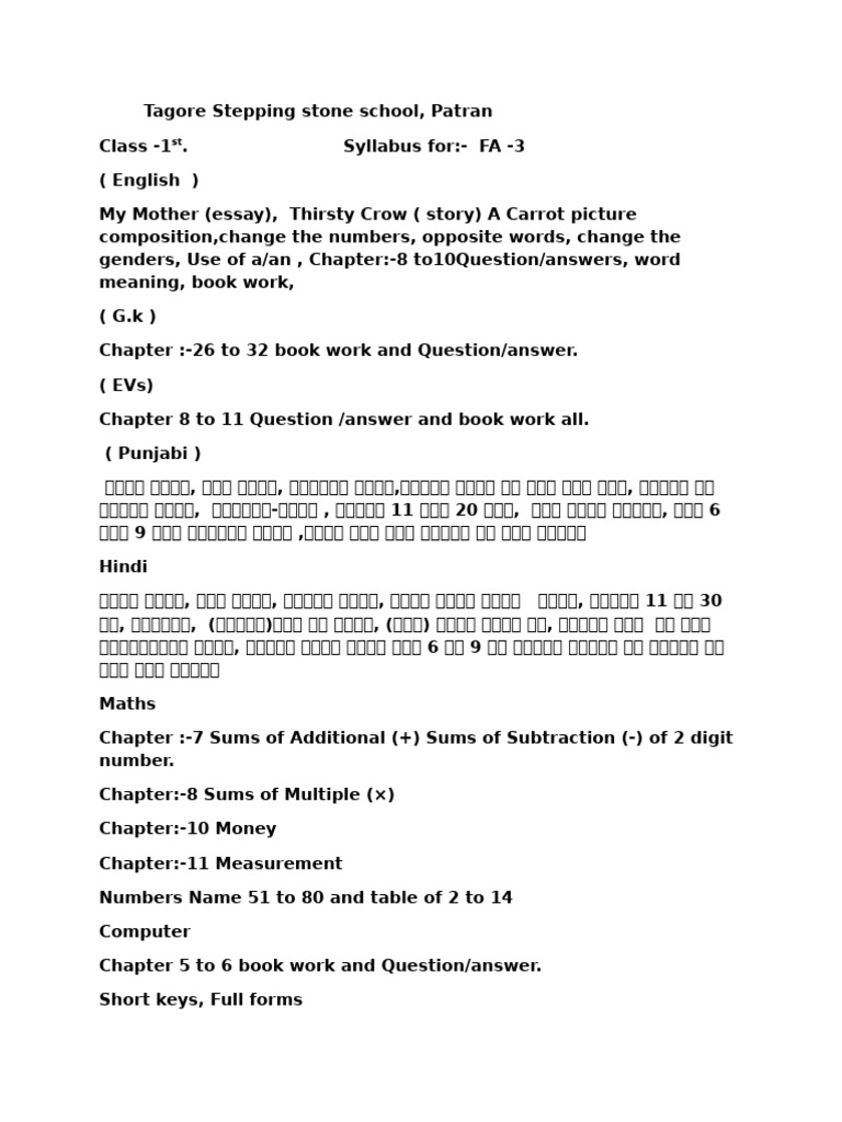 Class 1st Syllabus FA - 3 | PDF