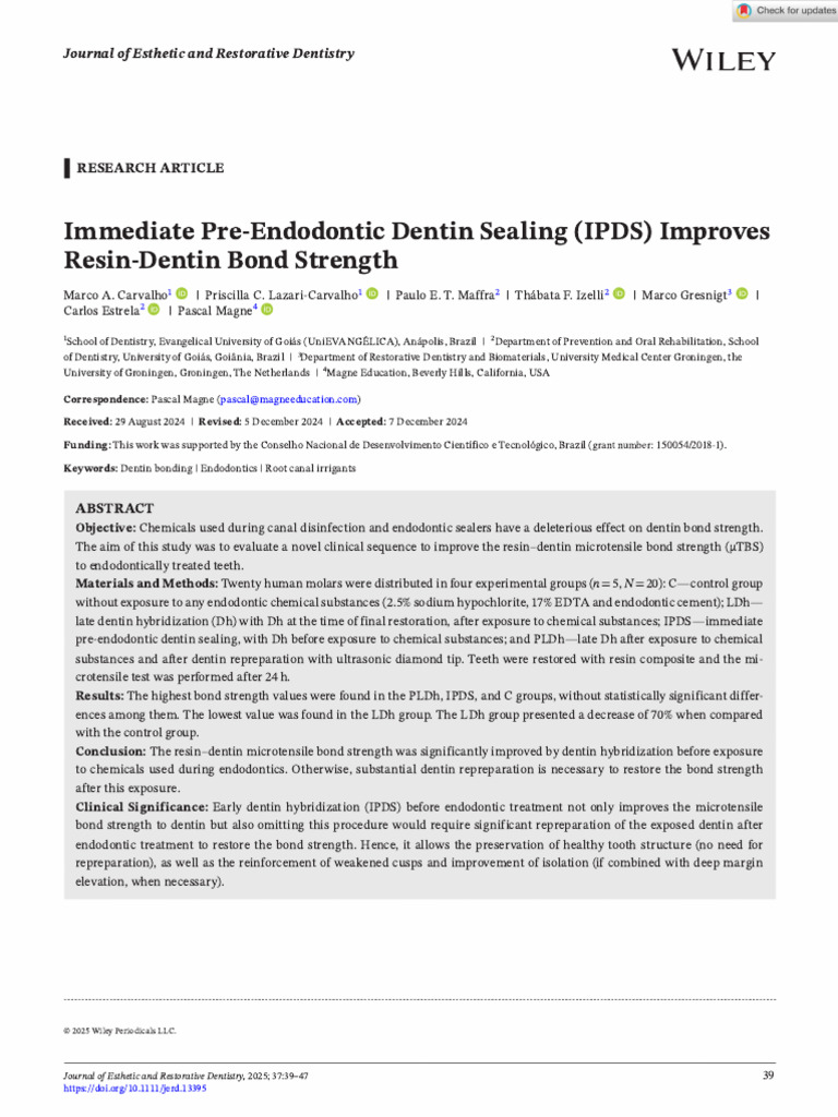 Immediate Pre Endodontic Dentin Sealing Scp IPDS Scp Improves Resin ...