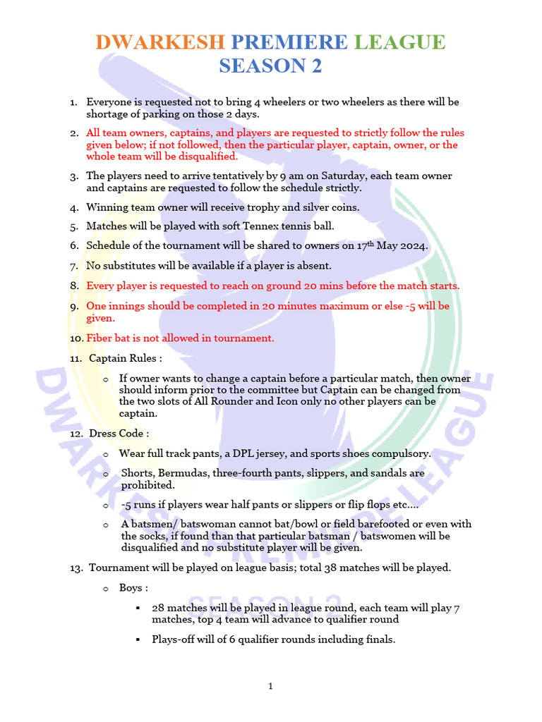 Dwarkesh Premiere League Season 2 Rules | PDF | Bowling (Cricket) | Cricket