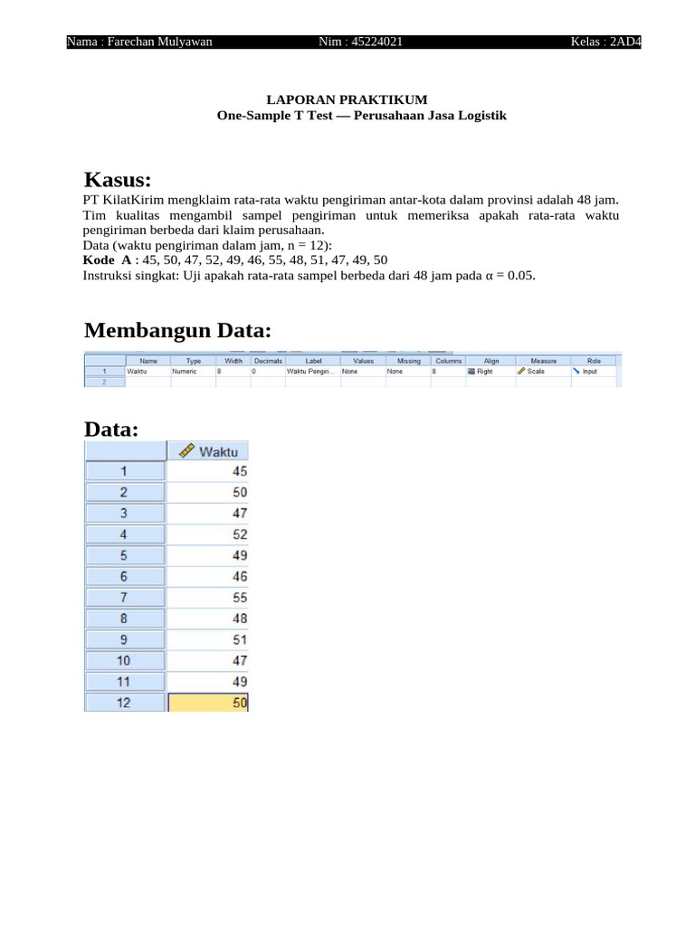 Uji One-Sample T Test Waktu Pengiriman | PDF