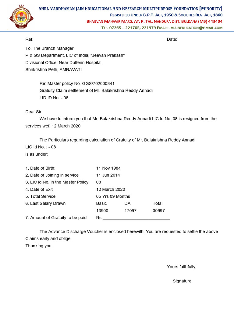 Graduity LIC Form 1[1] | PDF