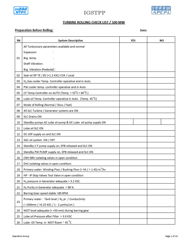 Turbine Rolling Checklist for 500 MW | PDF | Pump | Valve