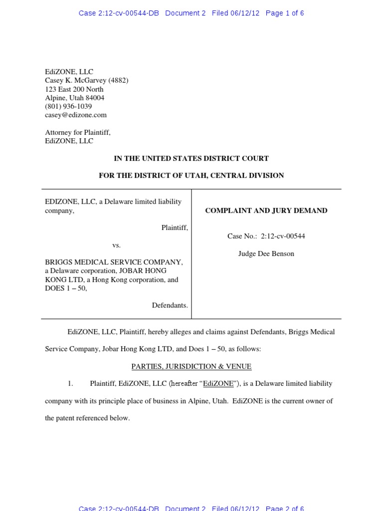 Edizone v. Briggs Medical Service Et. Al. | PDF | Patent | Patent ...