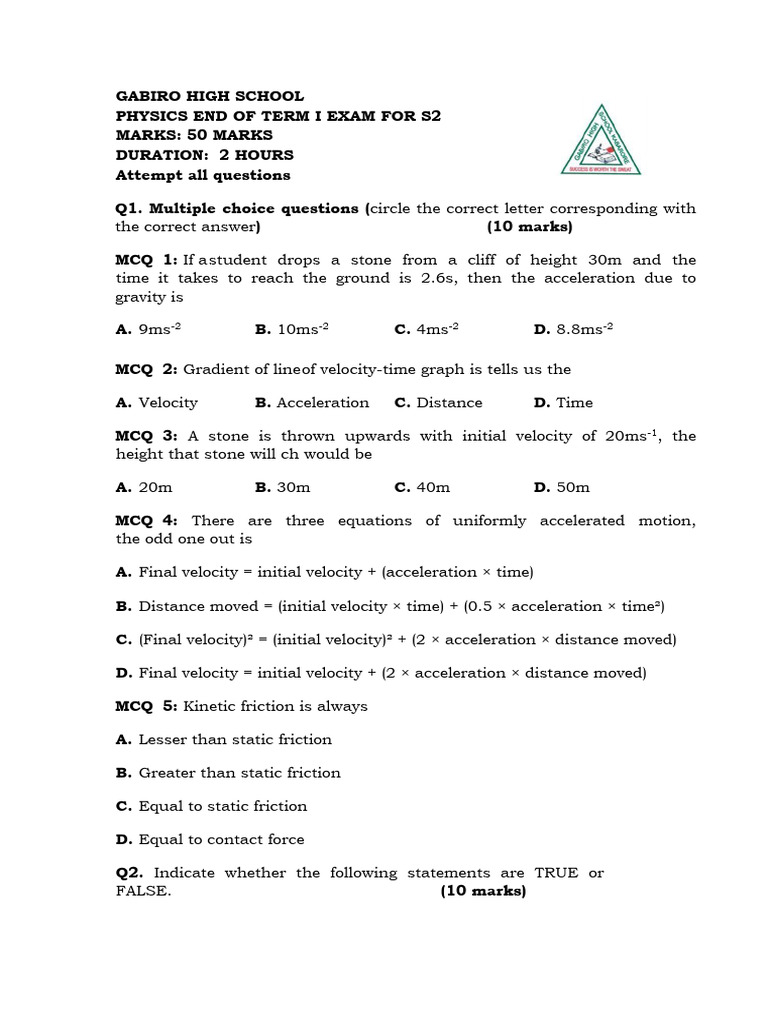 GRADE 8 PHYSICS REVISION QUESTIONS FOR GRADE 8 (S2) | PDF | Velocity ...