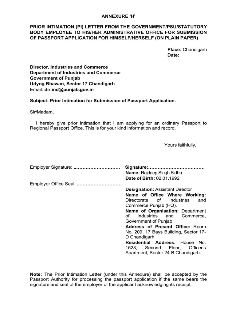 Prior Intimation Letter for Passport Application | PDF