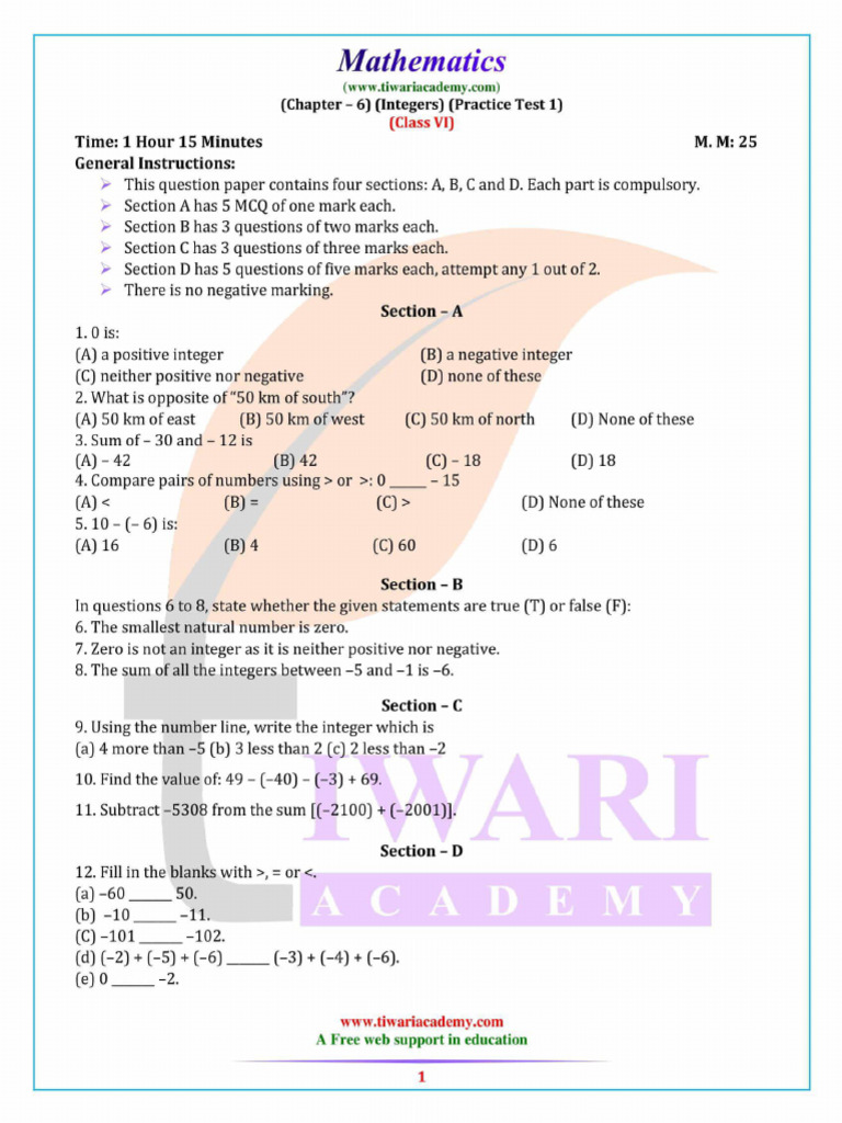 6 Maths Chapter 6 Test 1 | PDF