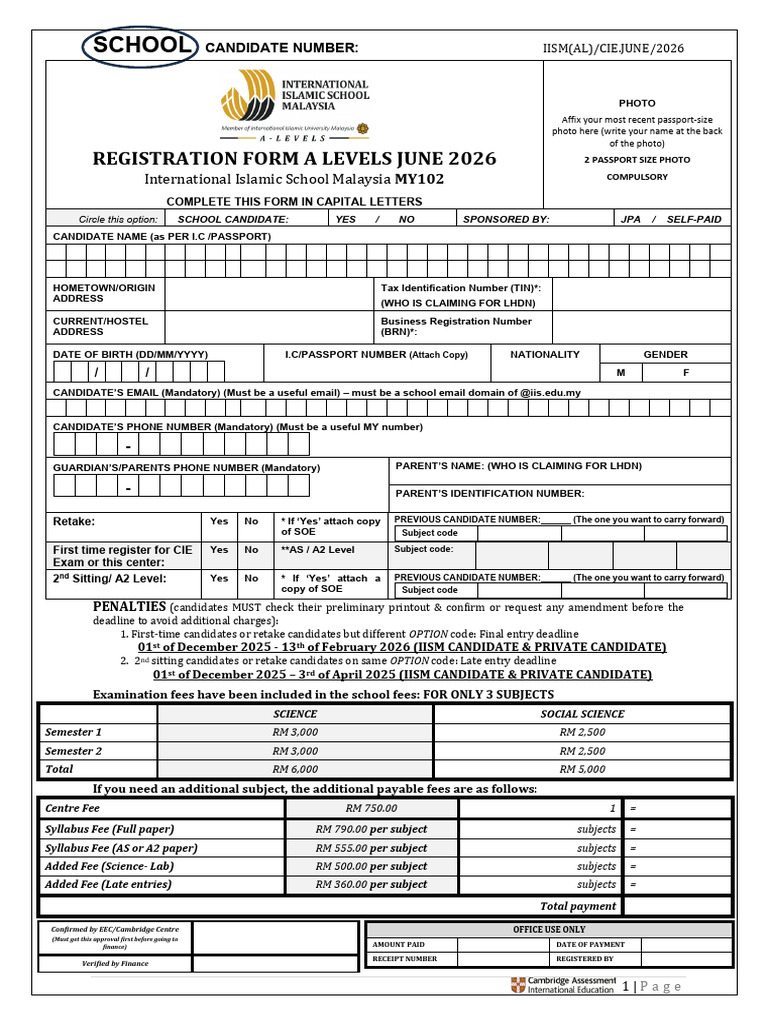 Registration Form a Levels June 2026 (School) | PDF