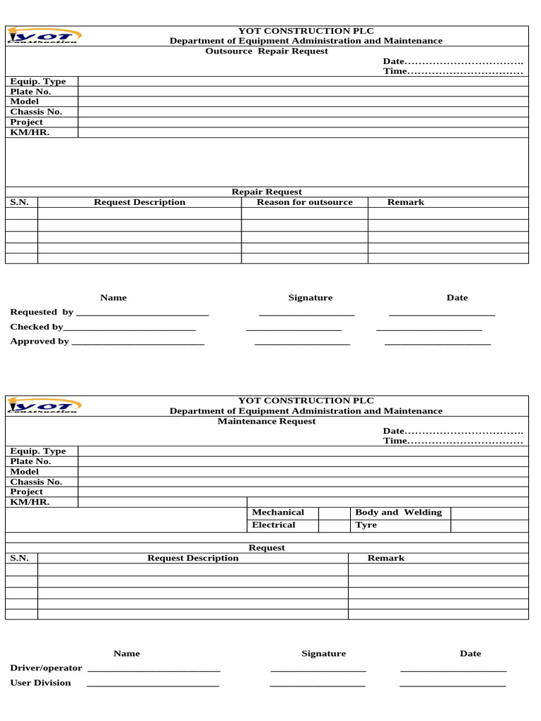 Equip. Outsource Repair Request Form | PDF