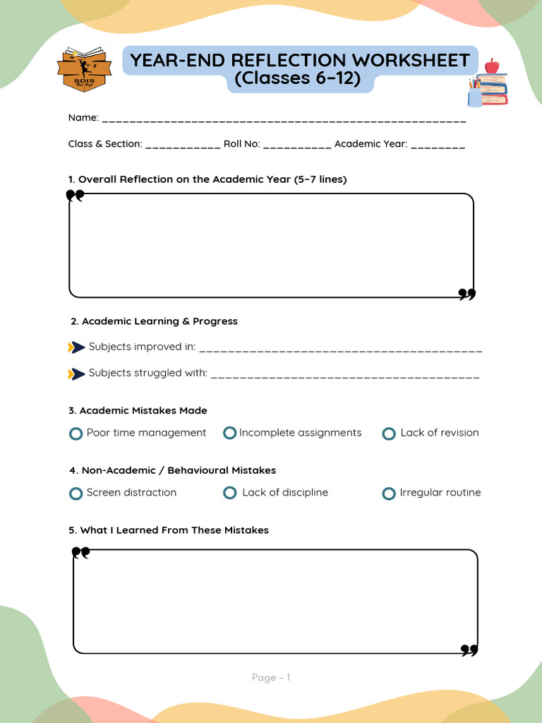Year-End Reflection Worksheet for Students | PDF