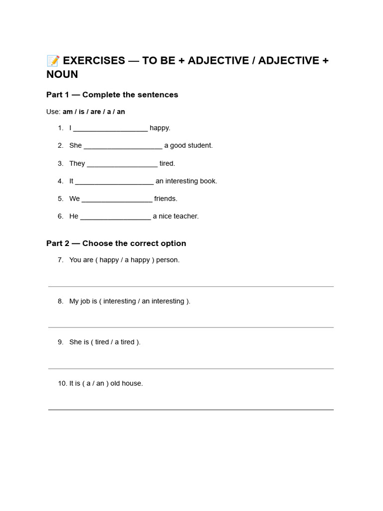 ? Exercises - To Be + Adjective - Adjective + Noun | PDF