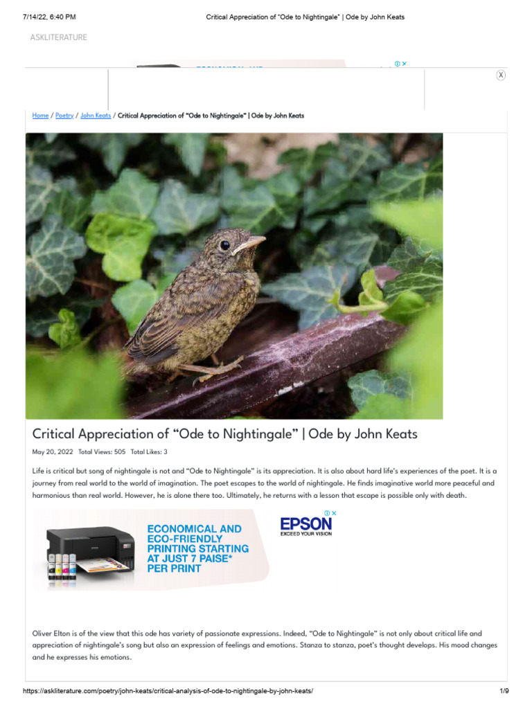 Critical Appreciation of “Ode to Nightingale” _ Ode by John Keats | PDF ...