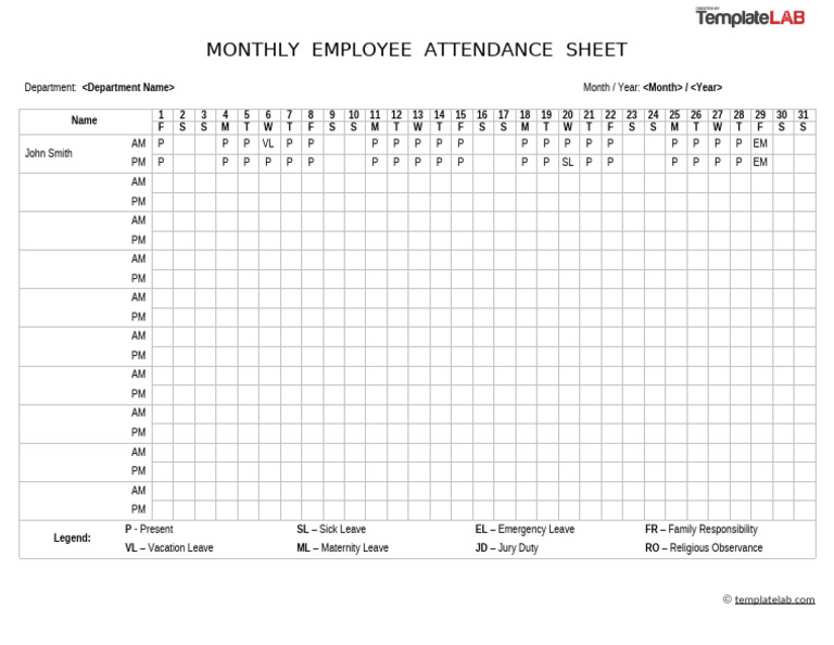 Employee Attendance Sheet Monthly 1 TemplateLab.com | PDF