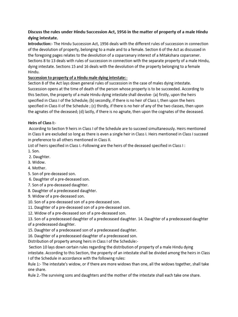 Hindu Succession Act: Male Intestate Property | PDF | Inheritance ...